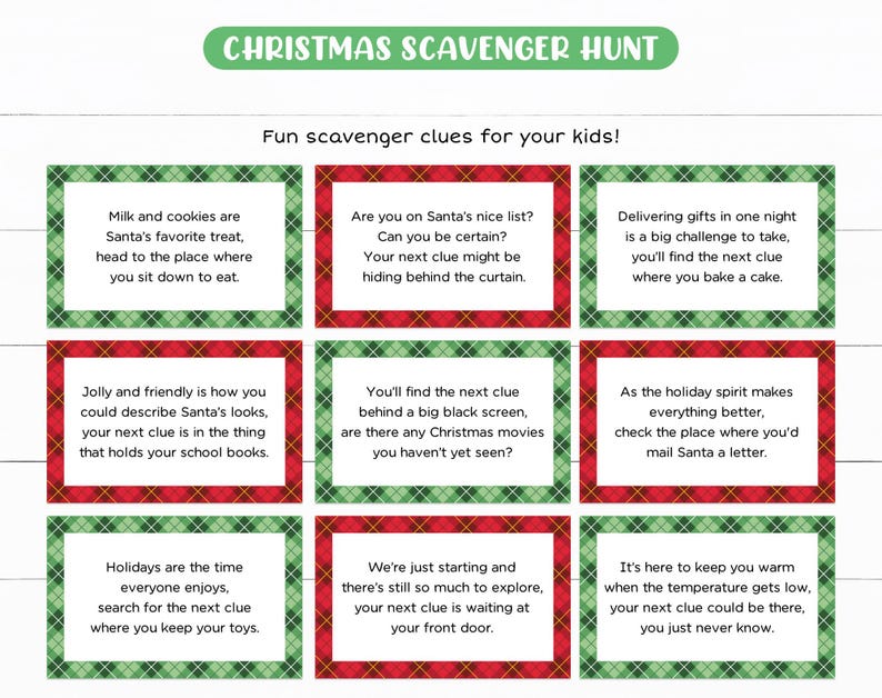Indoor Christmas Scavenger Hunt Clues, Fun Christmas Scavenger Hunt ...