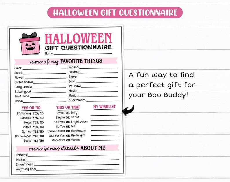 Pink Halloween Boo Buddies Questionnaire, Boo Buddy Gift Questionnaire ...