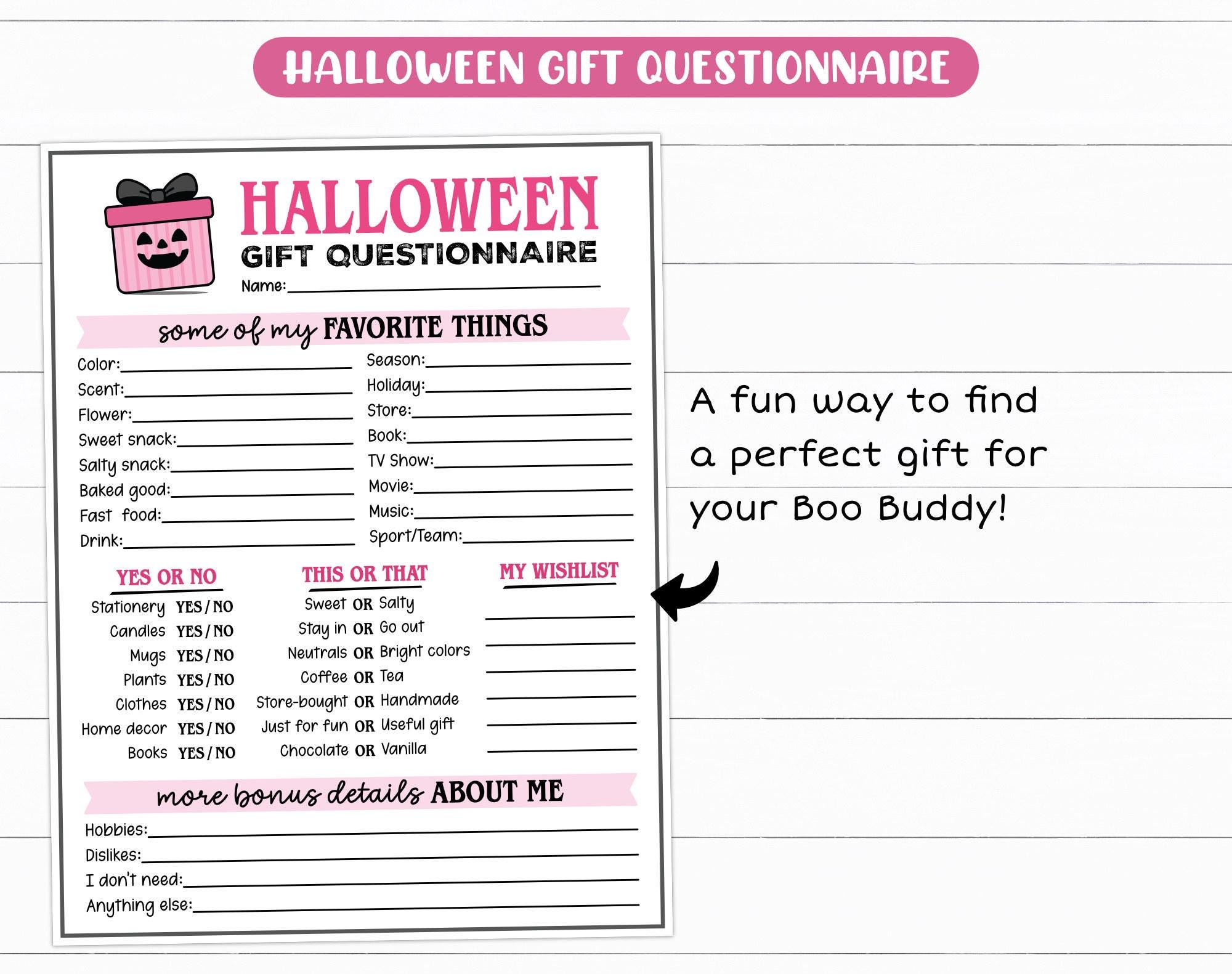 Pink Halloween Boo Buddies Questionnaire, Boo Buddy Gift Questionnaire ...