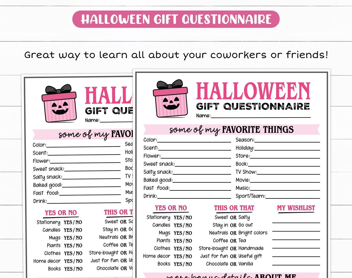 Pink Halloween Boo Buddies Questionnaire, Boo Buddy Gift Questionnaire ...