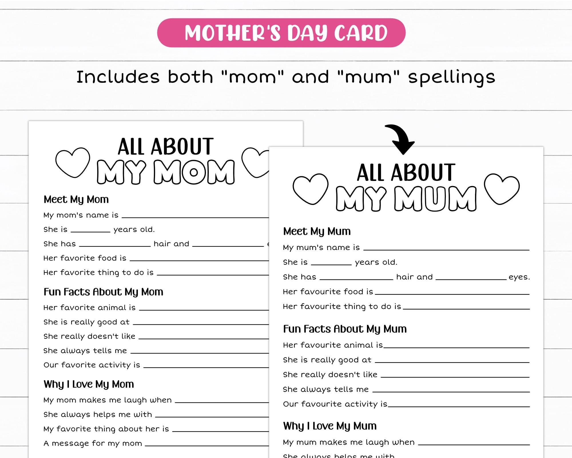 Printable All About My Mom Questionnaire, Fill in the Blank Mothers Day ...