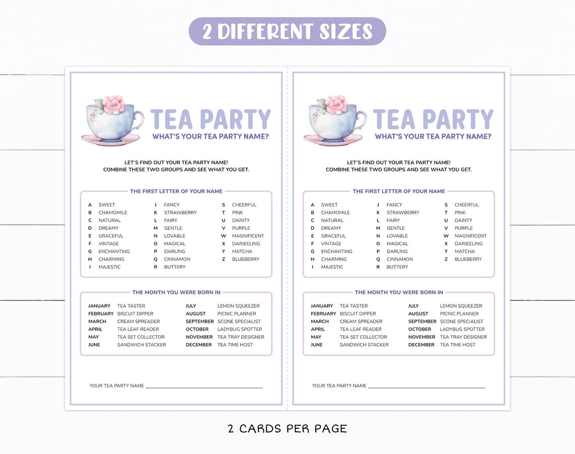 What's Your Tea Party Name, Name Create Tags, Purple Tea Party Games ...