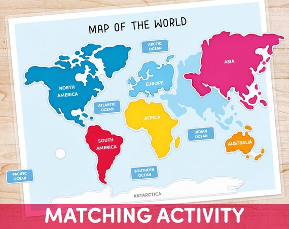 Continents and Oceans Matching Activity World Map Printable - Etsy