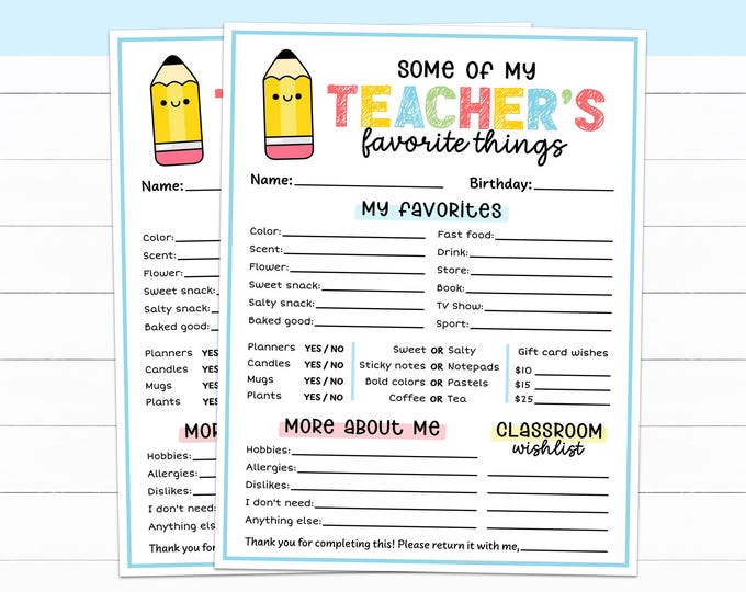 Teacher Favorite Things Form Printable PDF | All About Me | Introduce ...