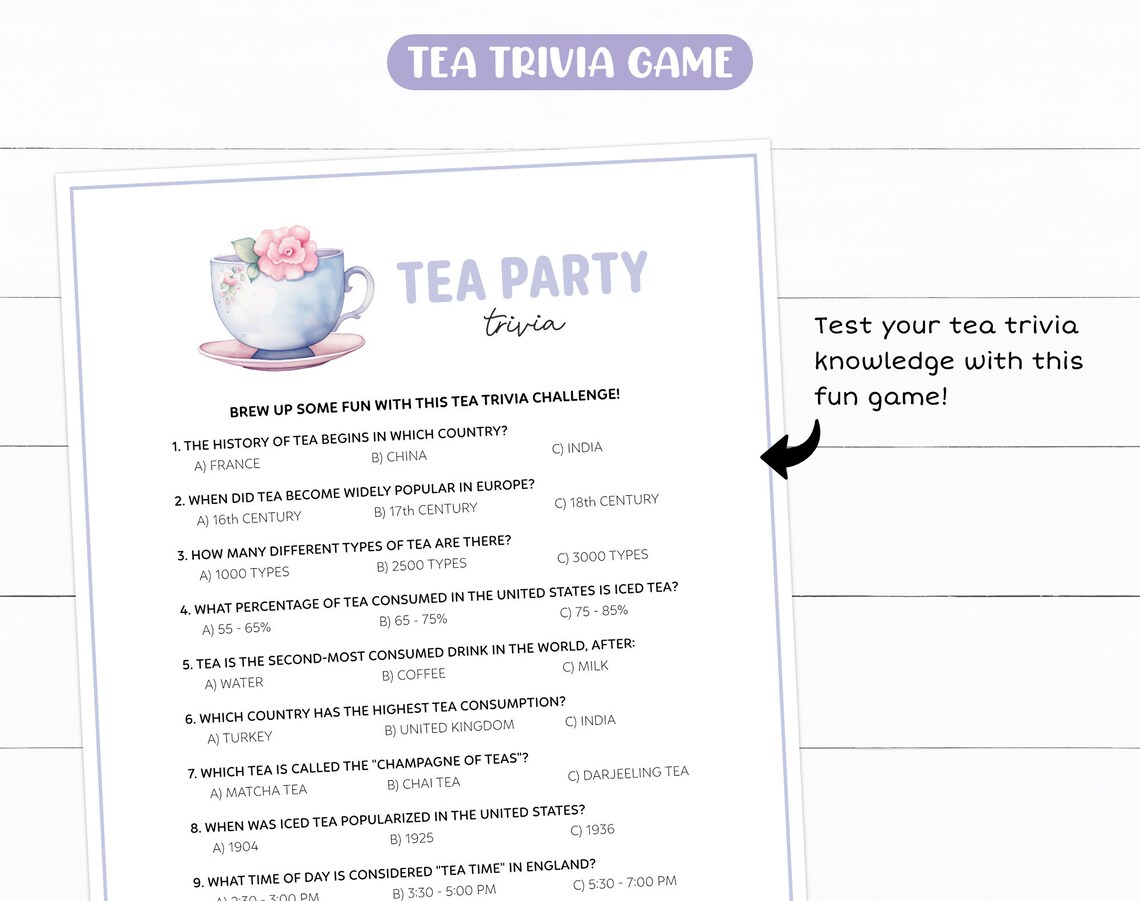 Tea Party Trivia for Kids, Tea Trivia Game, Tea Party Trivia Quiz ...