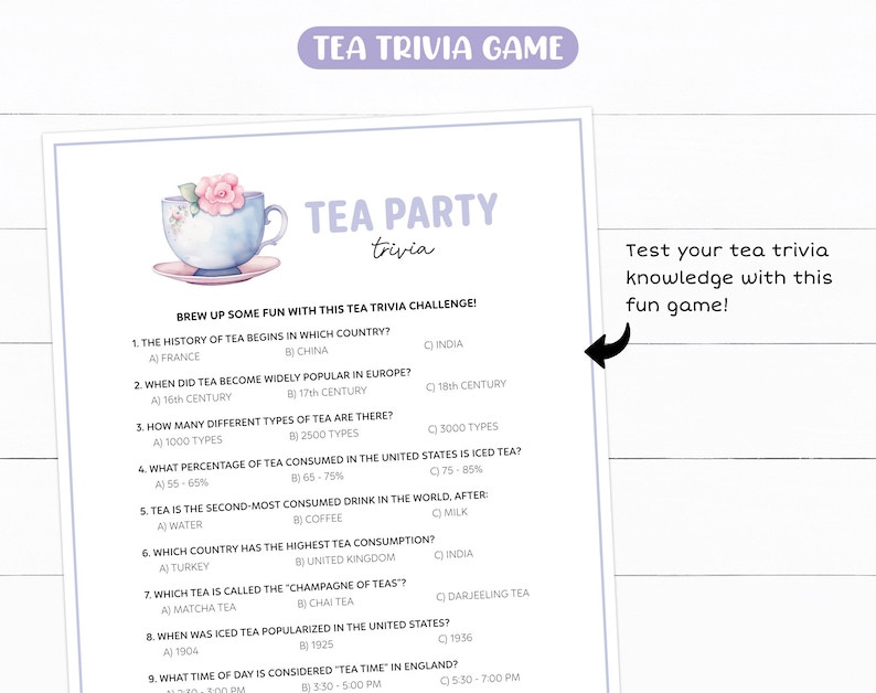 Tea Party Trivia for Kids, Tea Trivia Game, Tea Party Trivia Quiz ...