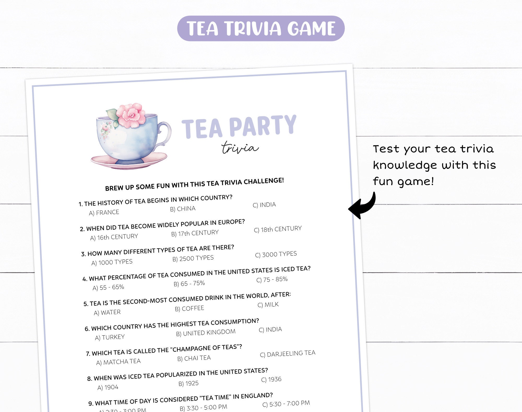 Tea Party Trivia for Kids, Tea Trivia Game, Tea Party Trivia Quiz ...