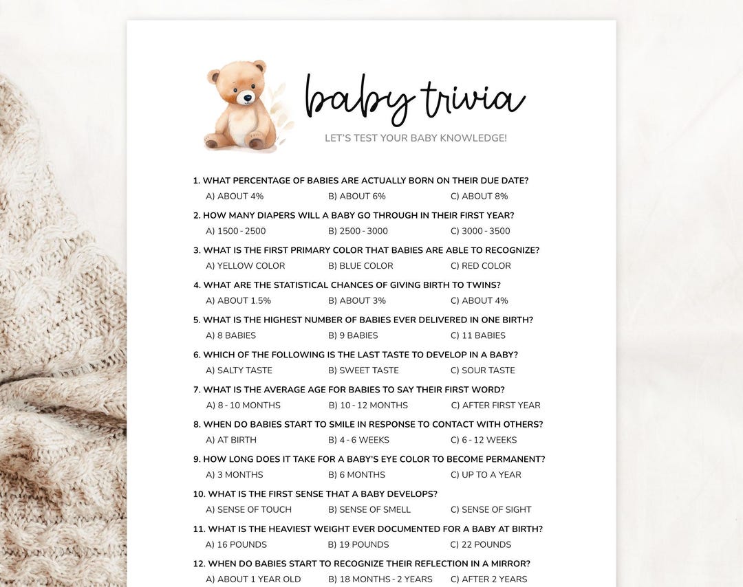 Baby Trivia Game, Teddy Bear Baby Shower Trivia, Baby Quiz, Trivia ...