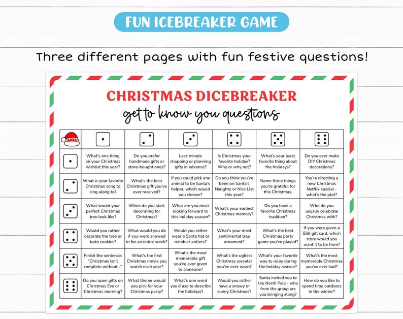 Christmas Icebreaker, Christmas Dice Game, Get to Know You Questions ...