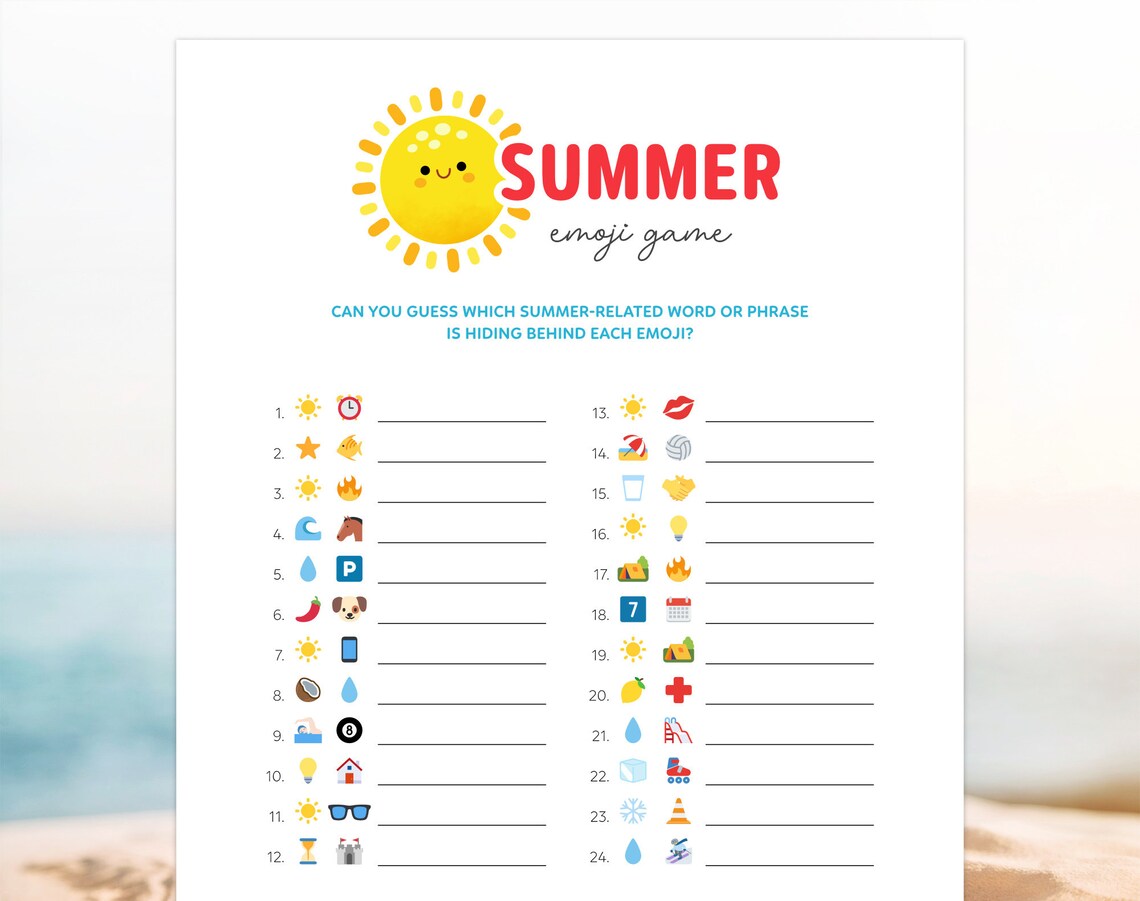 Summer Emoji Game, Summer Emoji Pictionary, Printable Emoji Quiz, Fun ...