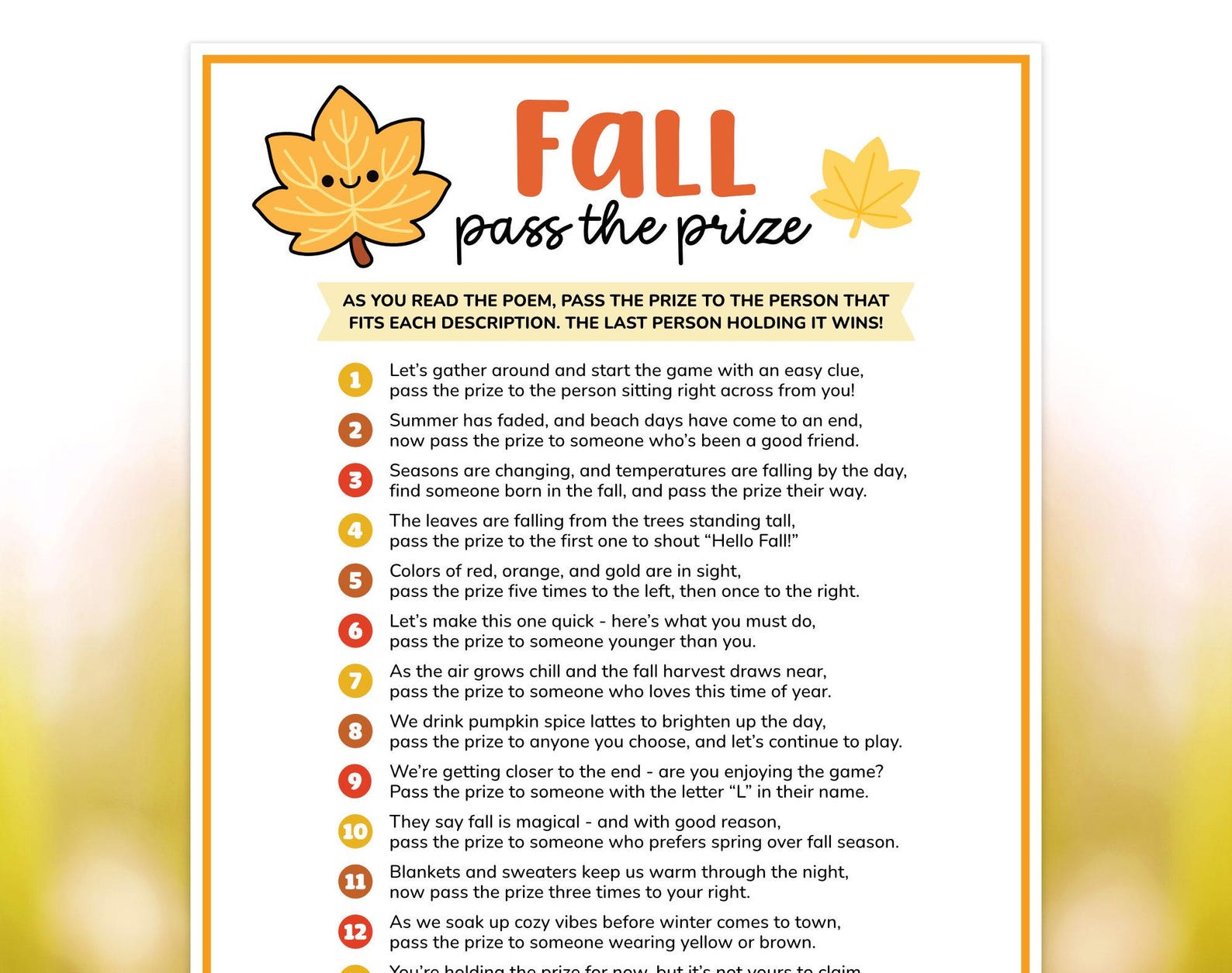 Fall Pass the Prize Game, Pass the Prize Fall Game, Fall Pass the Gift ...