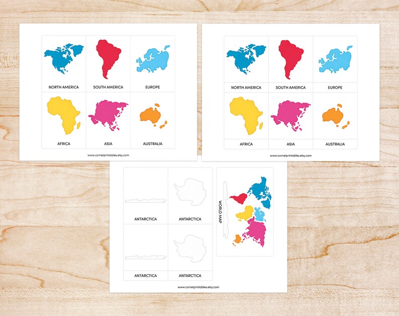 Continents and Oceans Matching Activity, Montessori World Map, 3 Part ...