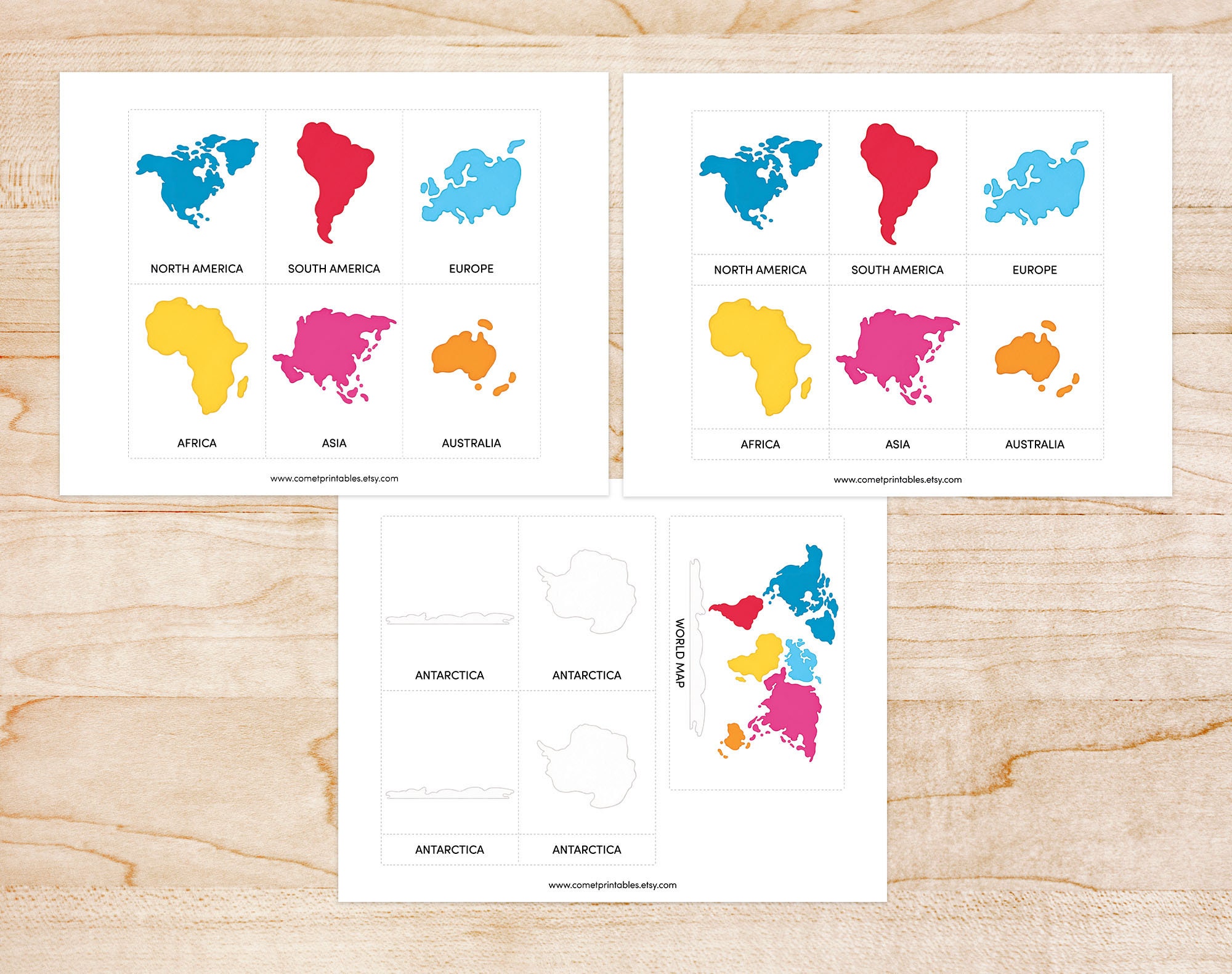 Continents and Oceans Matching Activity, Montessori World Map, 3 Part ...