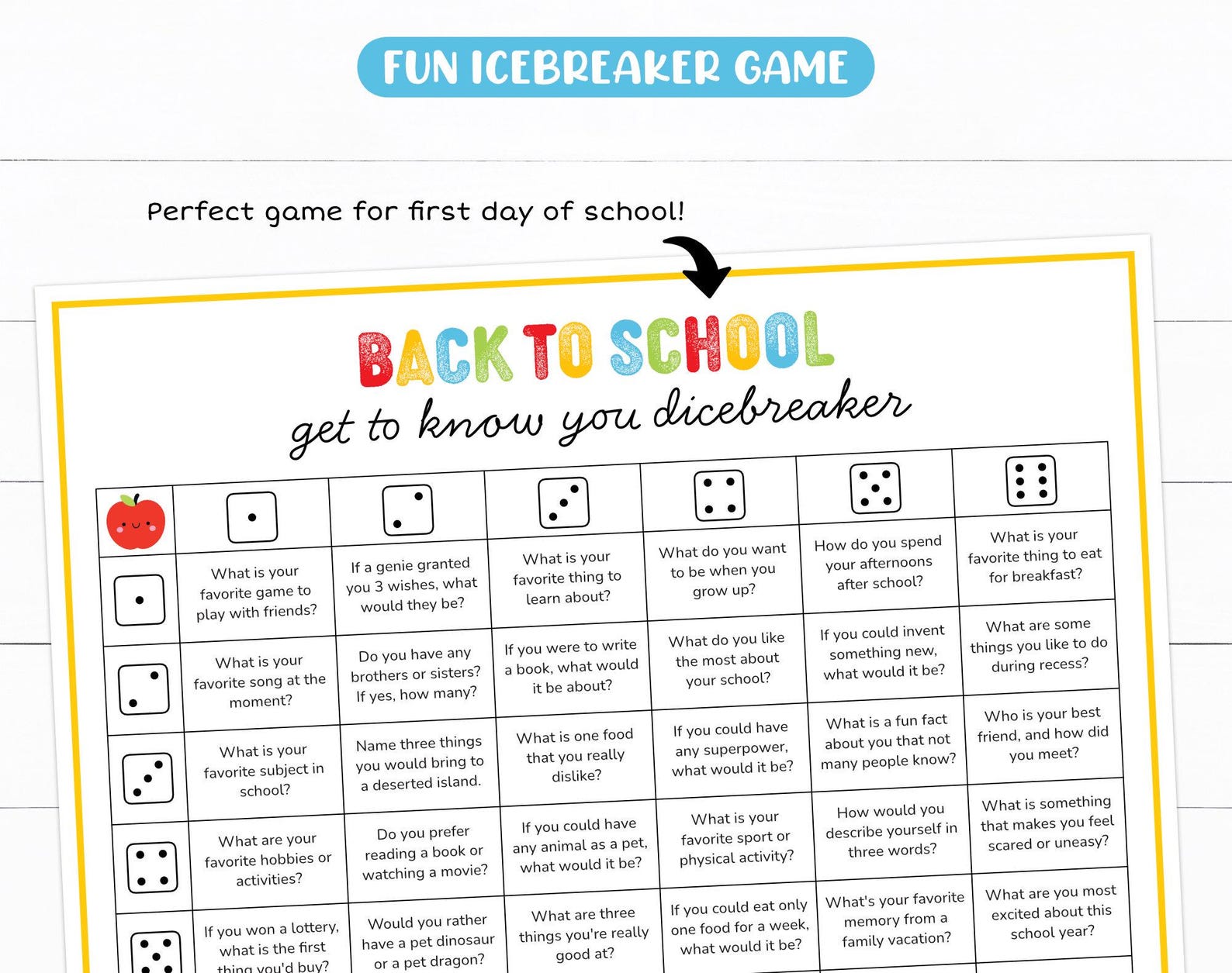 Back to School Dicebreaker, First Day of School Icebreaker, Kids ...