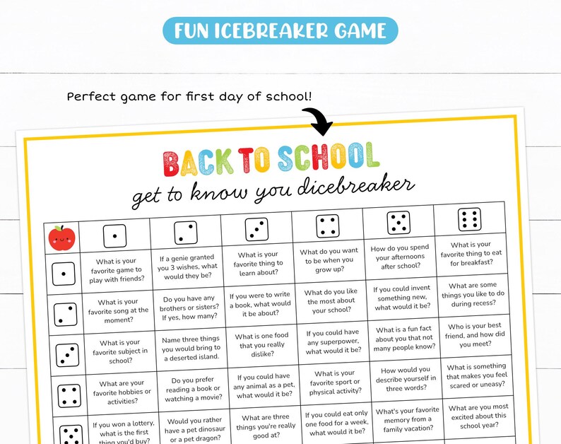 Back to School Dicebreaker, First Day of School Icebreaker, Kids ...