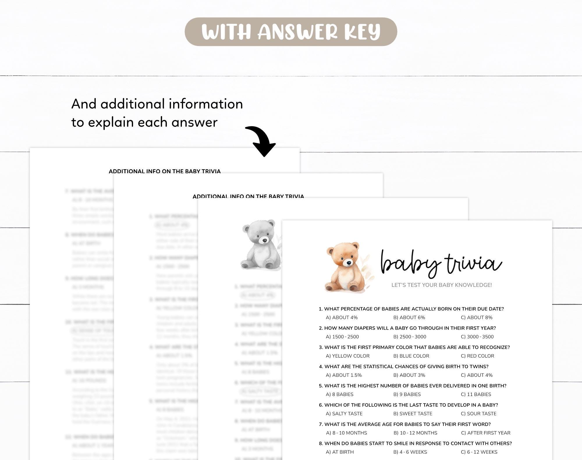Baby Trivia Game, Teddy Bear Baby Shower Trivia, Baby Quiz, Trivia ...