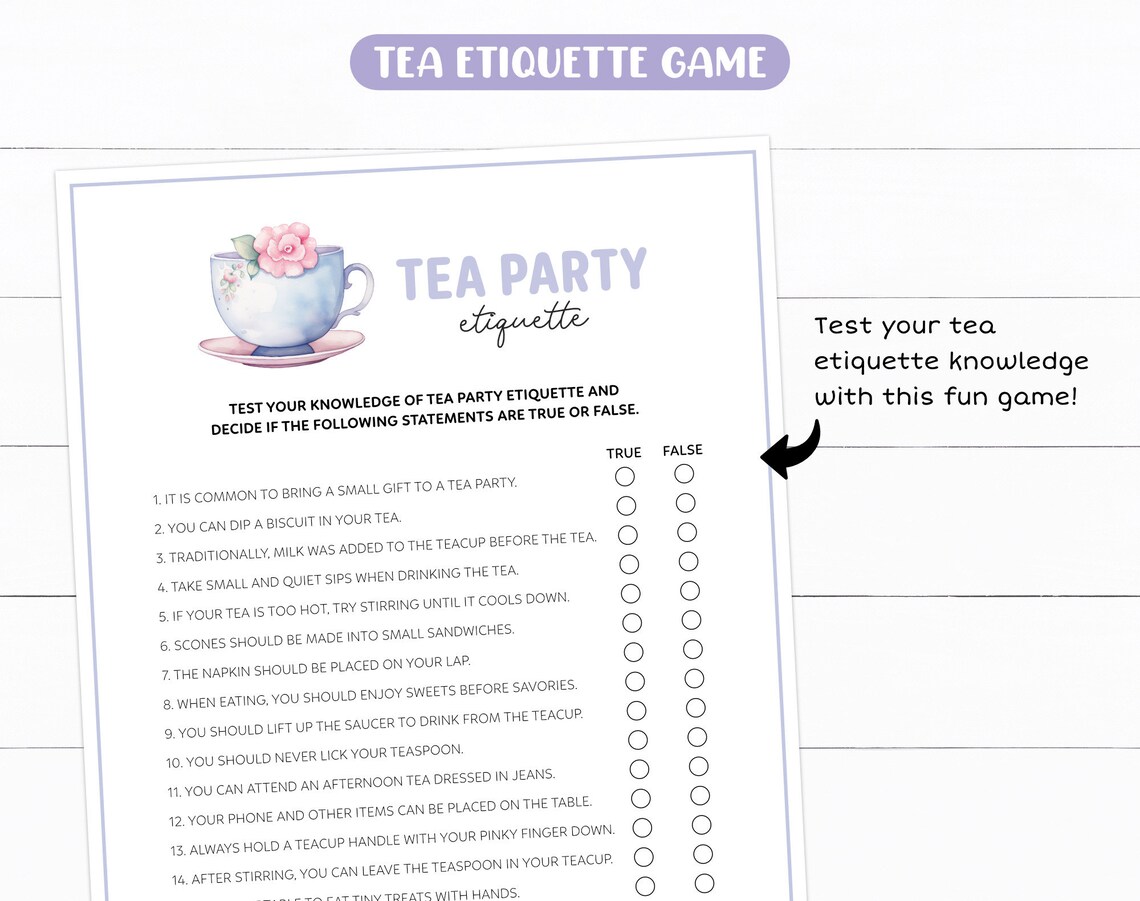 Tea Party Etiquette Game, Tea Etiquette Trivia Quiz, Printable Kids Tea ...