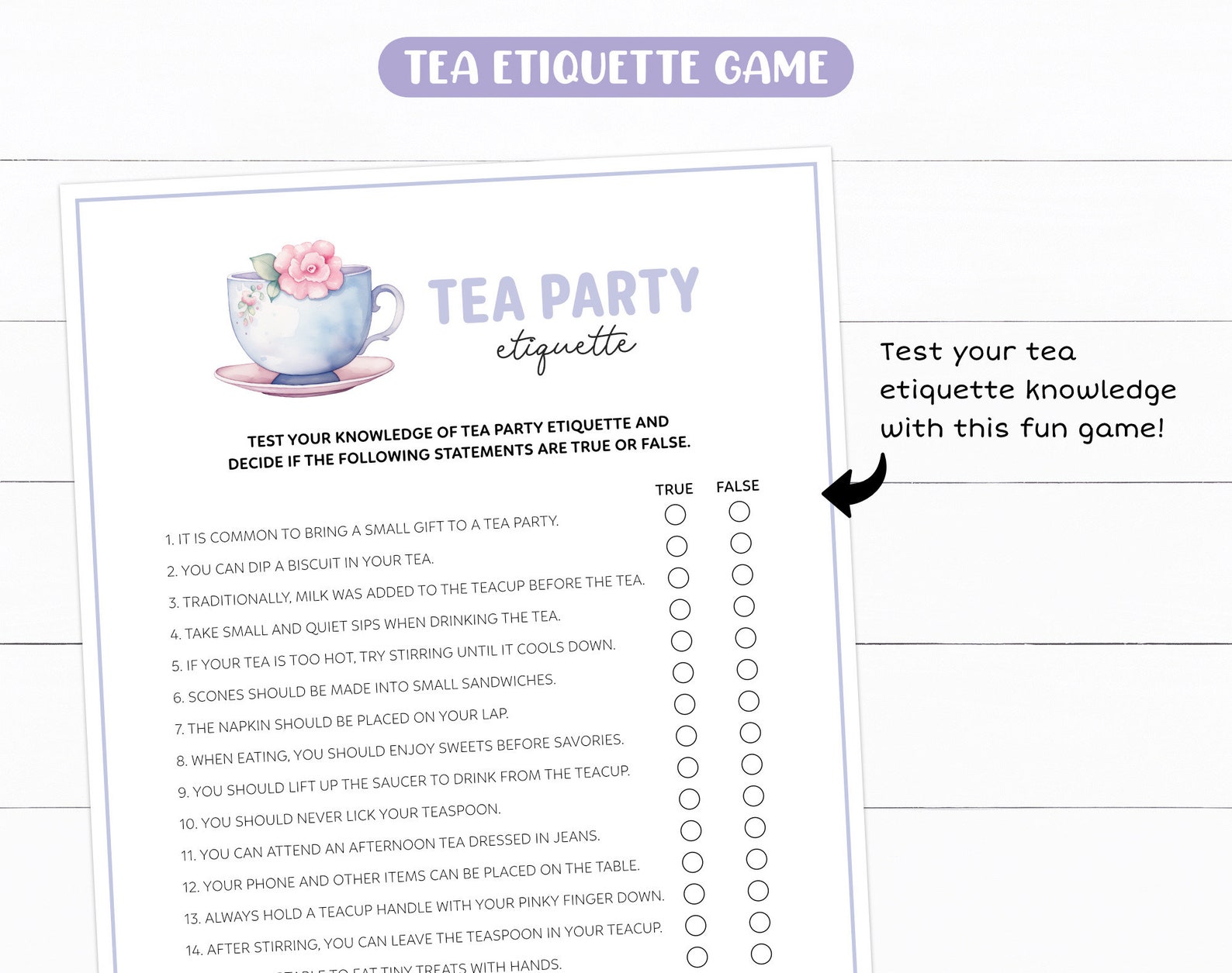 Tea Party Etiquette Game, Tea Etiquette Trivia Quiz, Printable Kids Tea ...