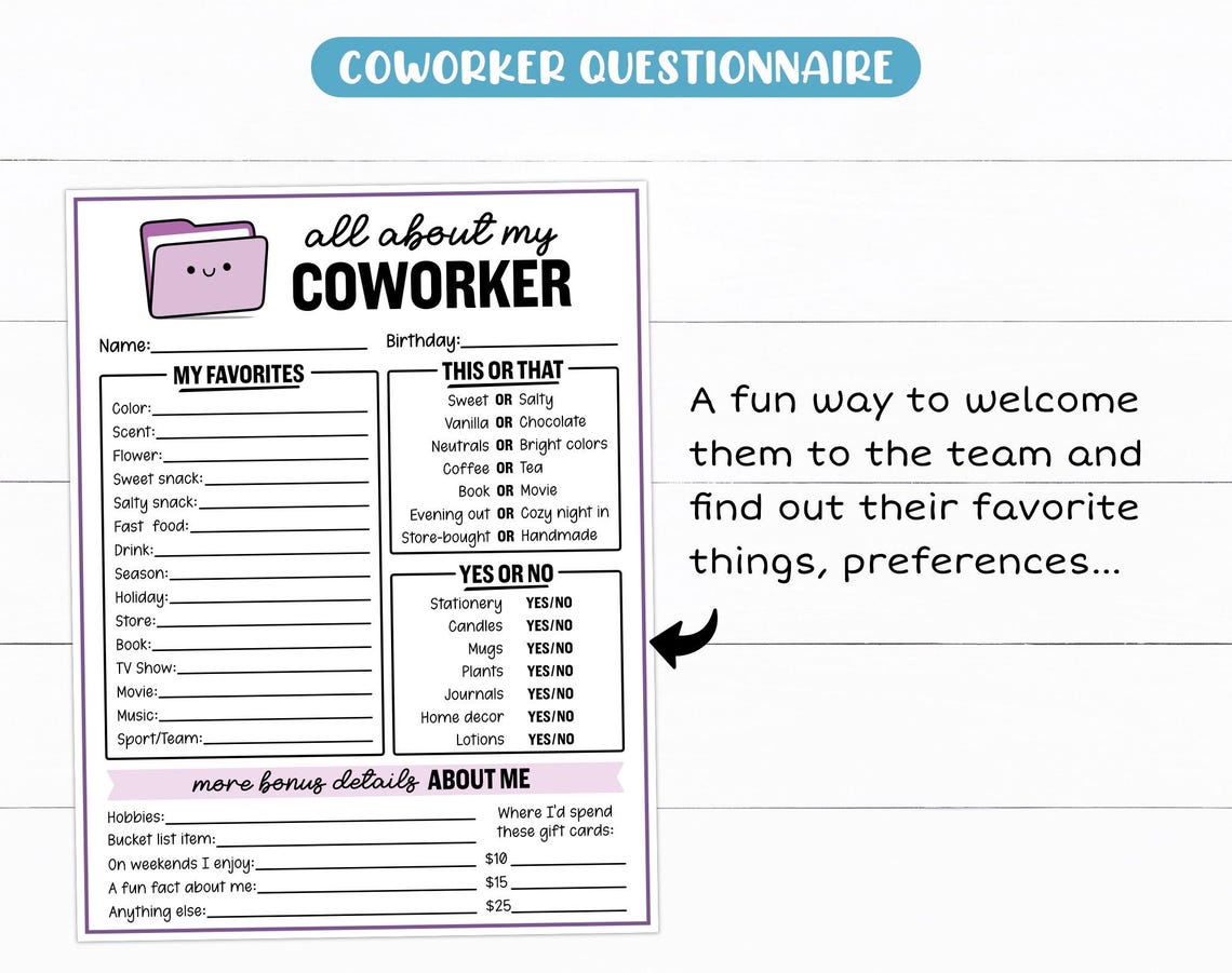 All About My Coworker Questionnaire, Get to Know Me Sheet for Team ...