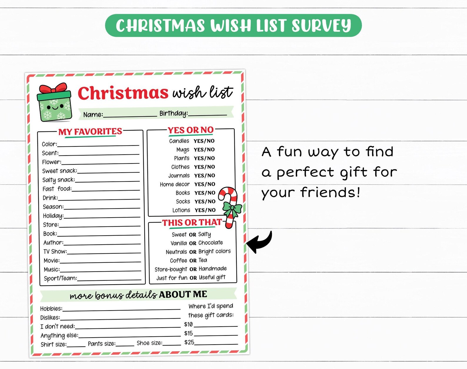 Christmas Wish List Questionnaire, Christmas Gift Exchange Survey ...