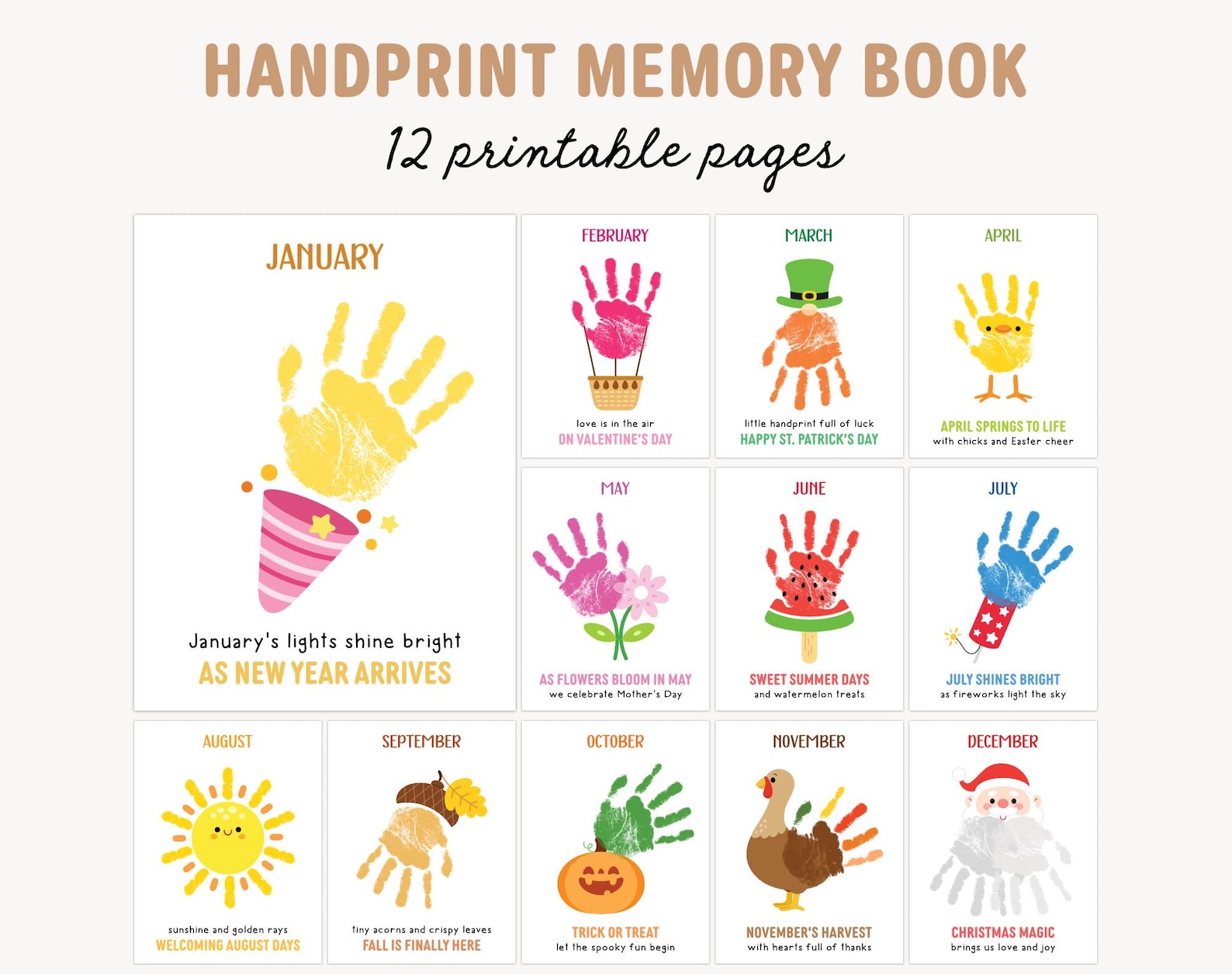 Handprint Memory Book, Printable Monthly Handprint Craft, 12 Months ...
