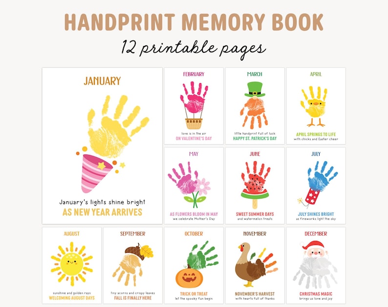 Handprint Memory Book, Printable Monthly Handprint Craft, 12 Months ...