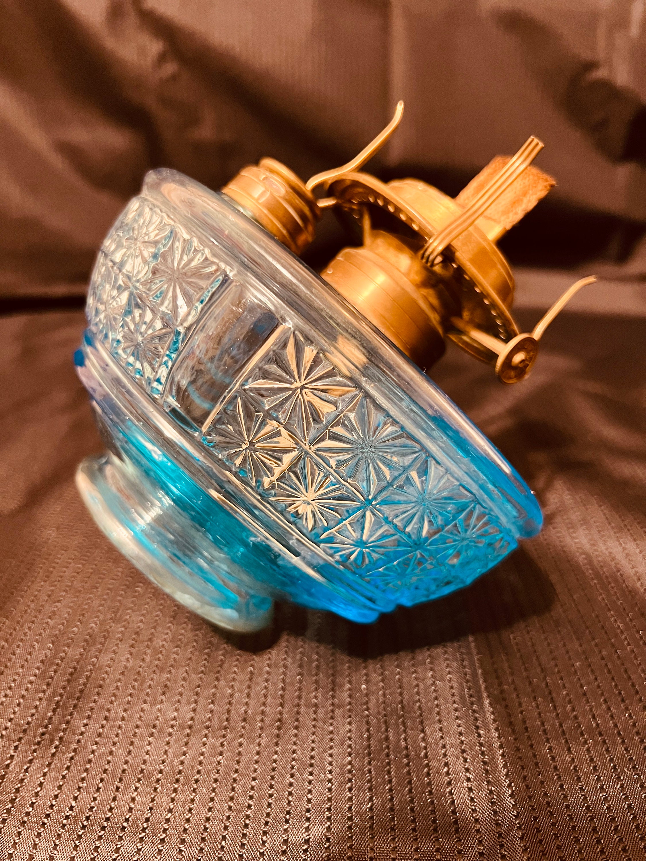 Unique Ice Blue Glass Base Hurricane Lamp With Daisy Pattern - Etsy