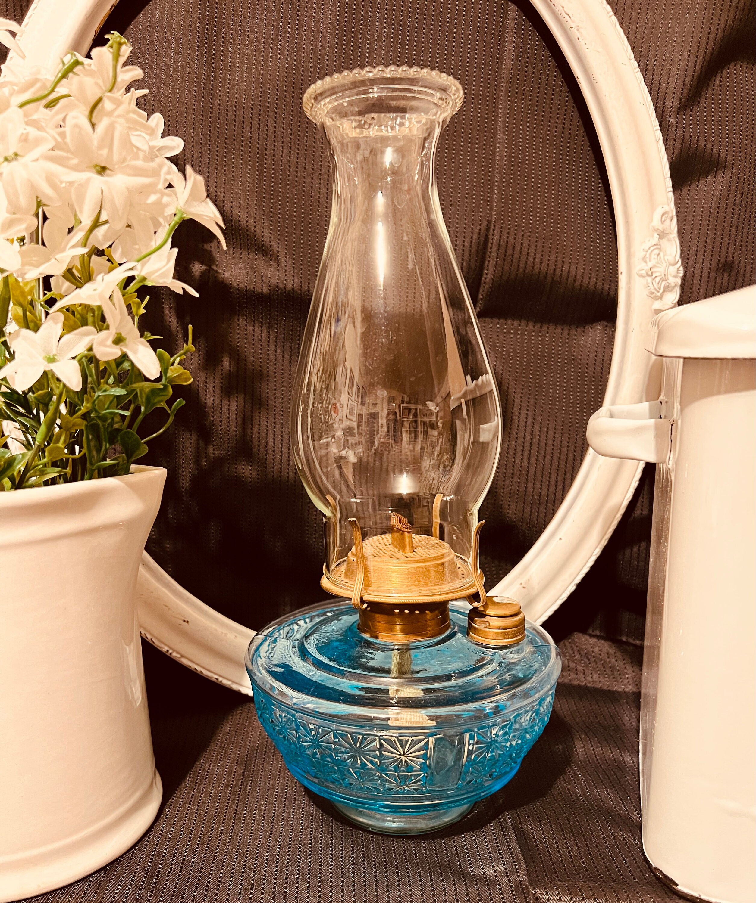 Unique Ice Blue Glass Base Hurricane Lamp With Daisy Pattern - Etsy