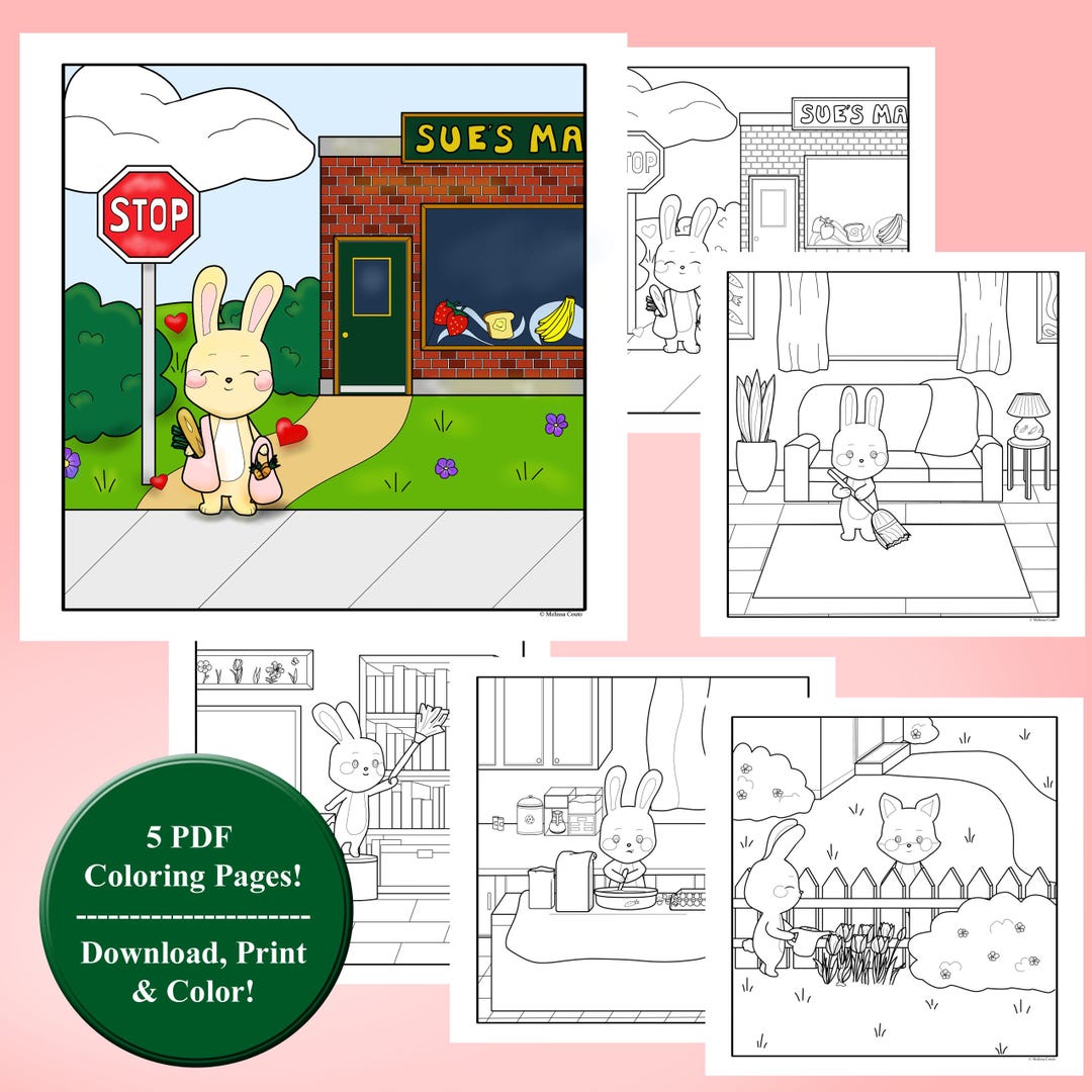 Bunny Chores, Adorable Animals, Rabbit and Fox, 5 PDF Files. Hand Drawn ...