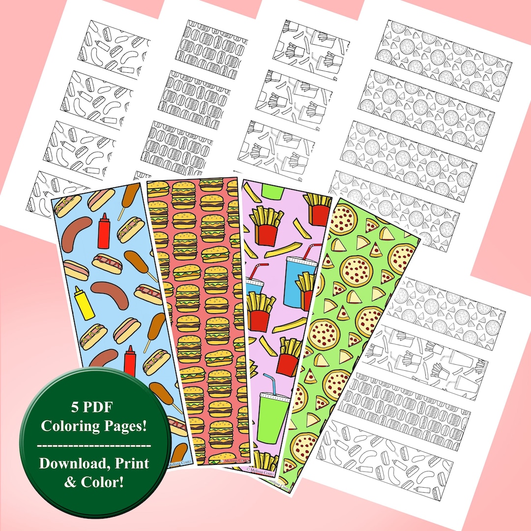 Printable Fast Food Coloring Bookmarks: Burgers, Fries, Pizza (PDF ...