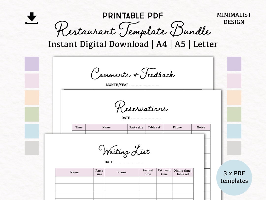 Restaurant Template Bundle | Digital Download PDF Printable | A4, A5 ...