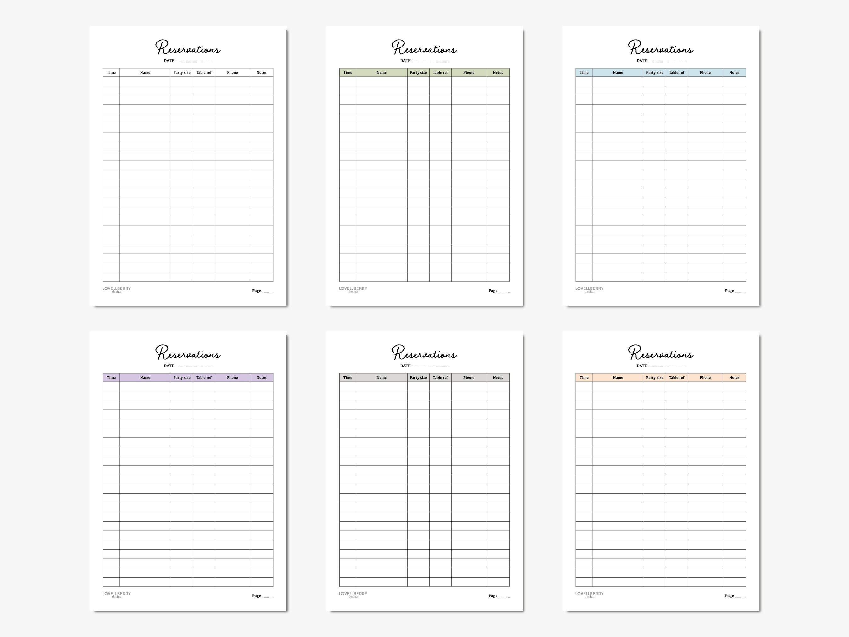 Reservations List | Digital Download PDF Printable | A4, A5, Letter ...