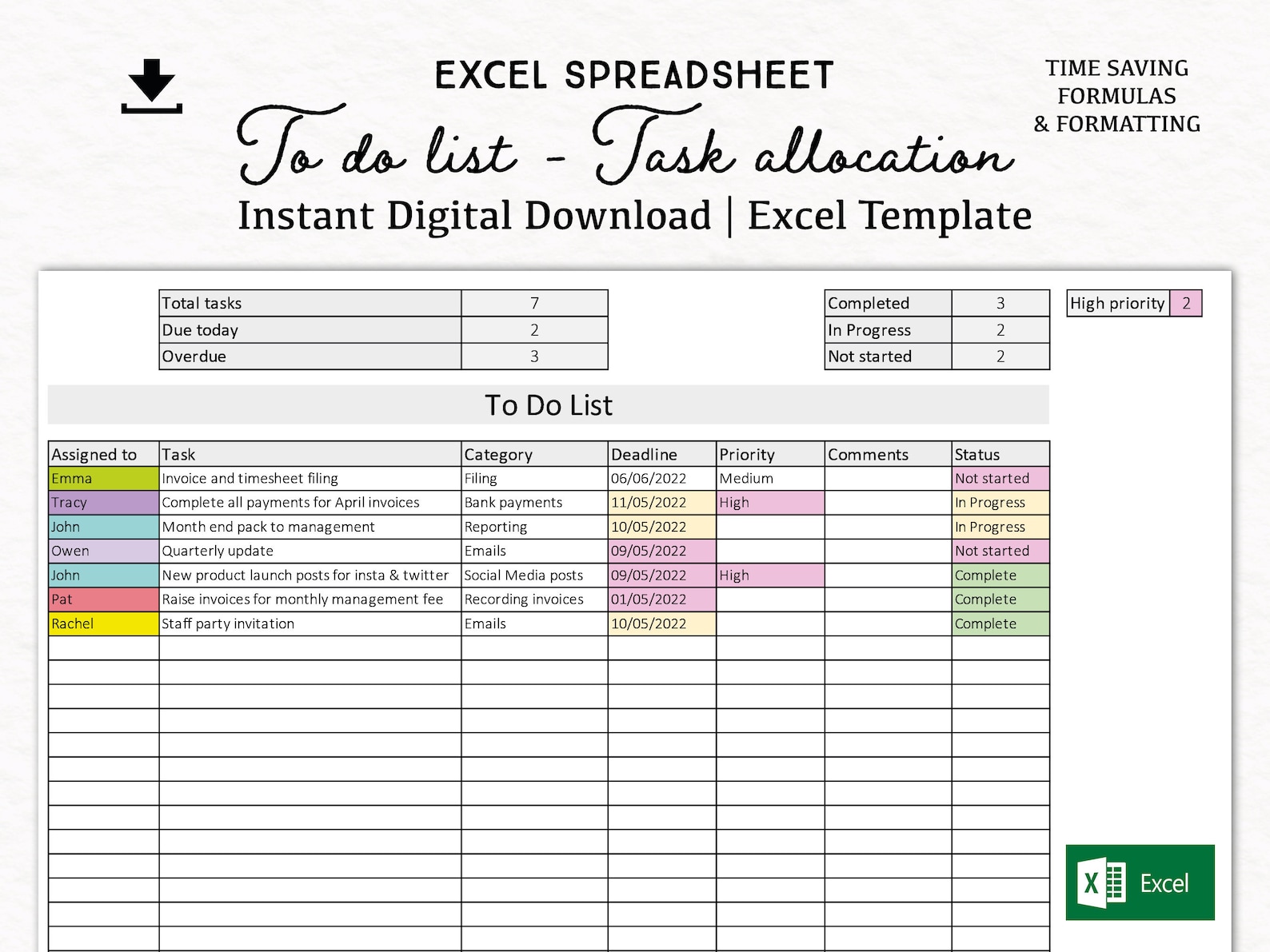 To Do List | Task Allocation Excel Spreadsheet | Digital Download Excel ...