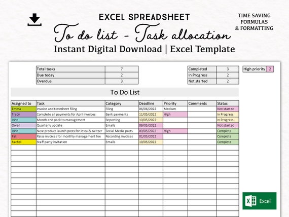 To Do List Task Allocation Excel Spreadsheet Digital - Etsy