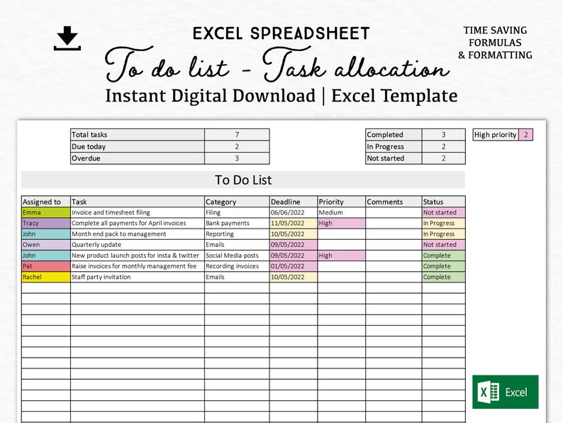 To Do List | Task Allocation Excel Spreadsheet | Digital Download Excel ...