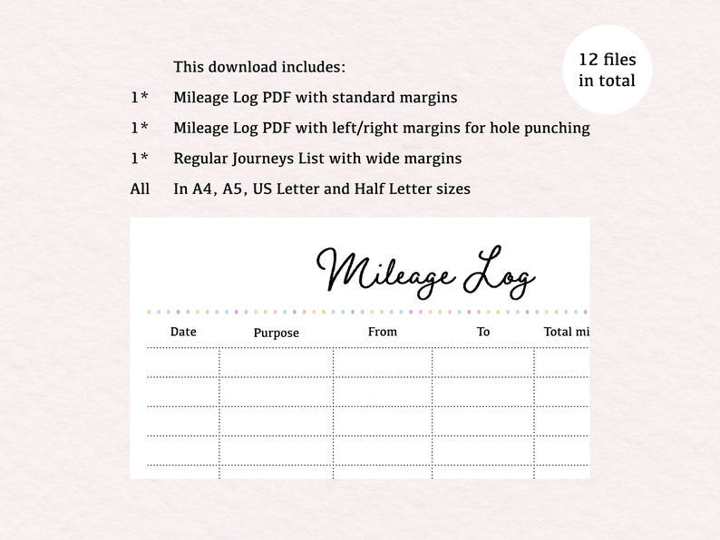 Mileage Log | Digital Download PDF Printable | A4, A4, Letter and Half ...