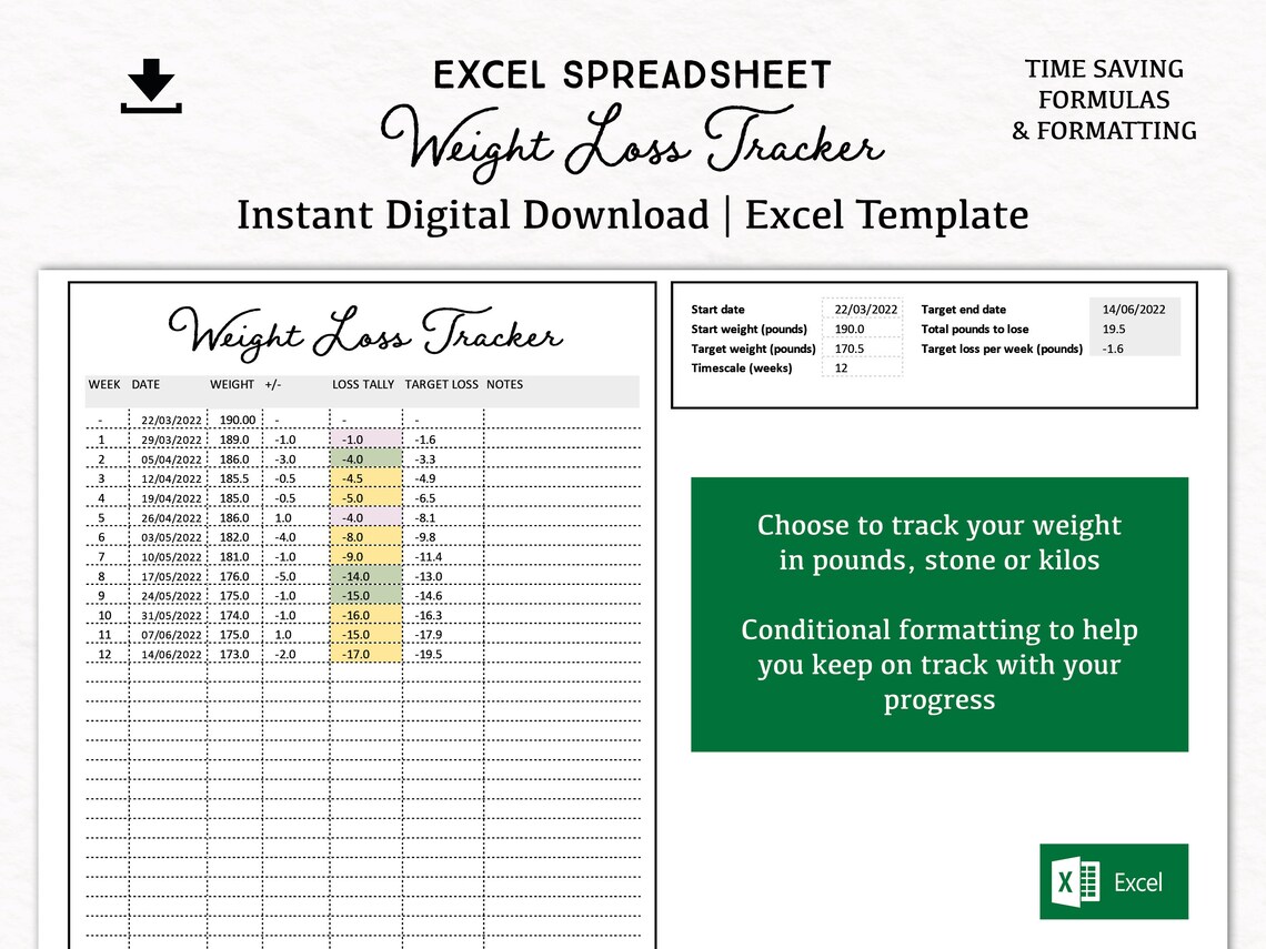 Weight Loss Tracker Excel Spreadsheet Digital Download Excel | Etsy