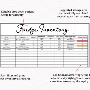 Fridge Inventory Excel Spreadsheet | Digital Download Excel Template ...