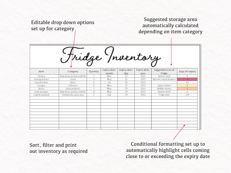 Fridge Inventory Excel Spreadsheet | Digital Download Excel Template ...