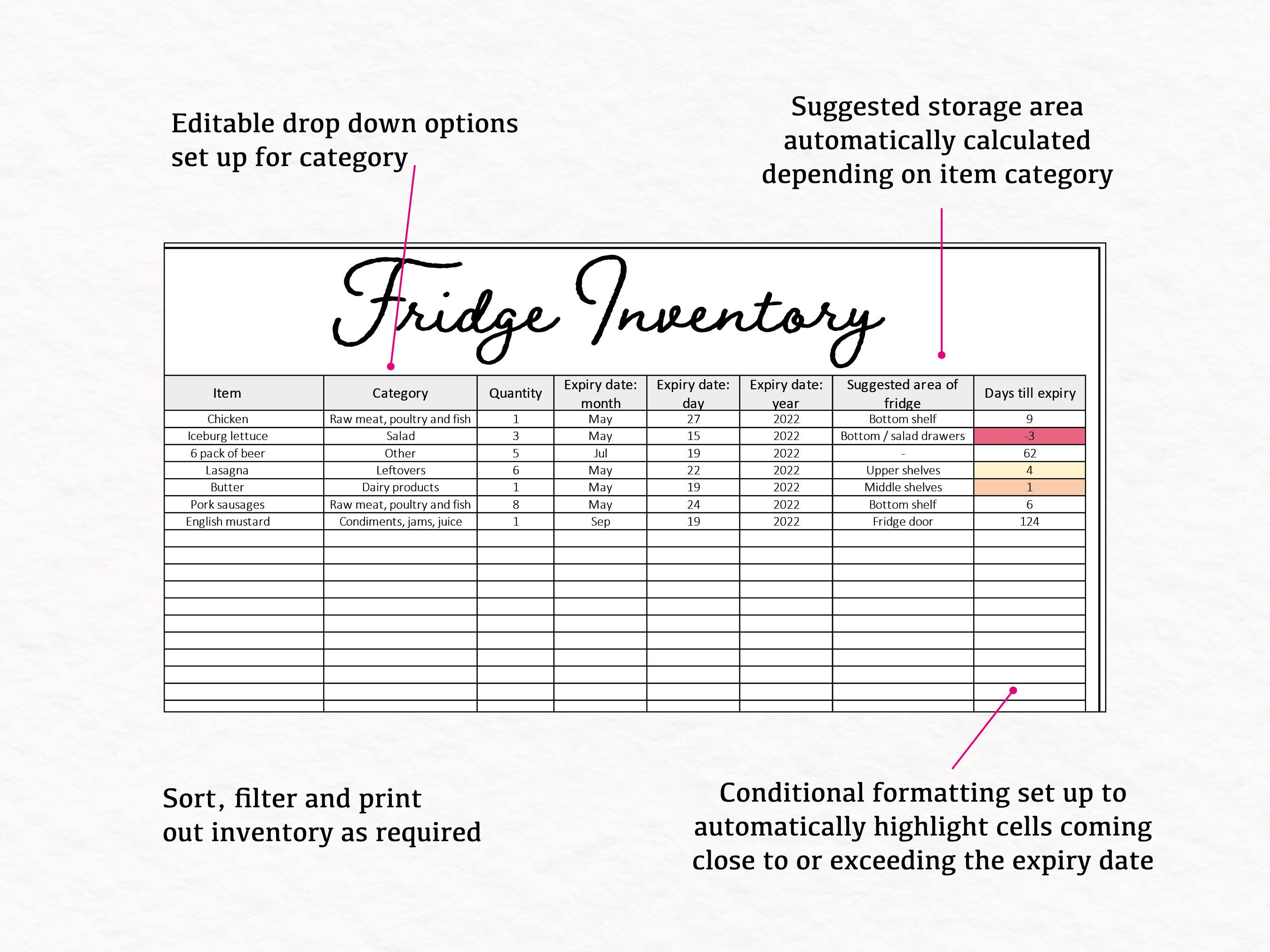 Fridge Inventory Excel Spreadsheet | Digital Download Excel Template ...