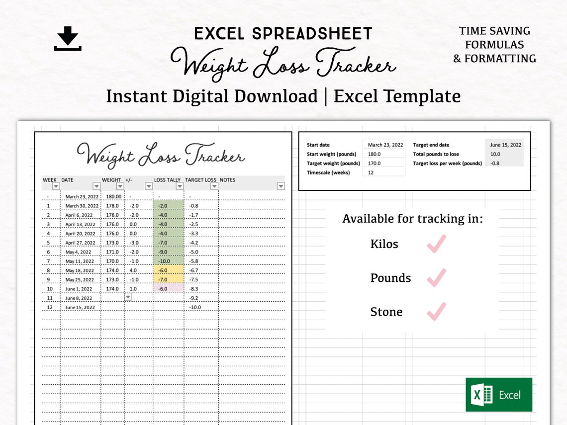 Weight Loss Tracker Excel Spreadsheet Digital Download Excel Template ...