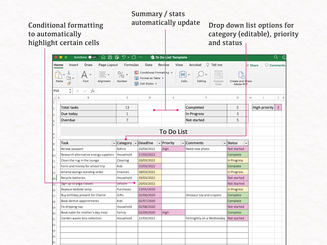 To Do List Excel Spreadsheet | Digital Download Excel Template ...