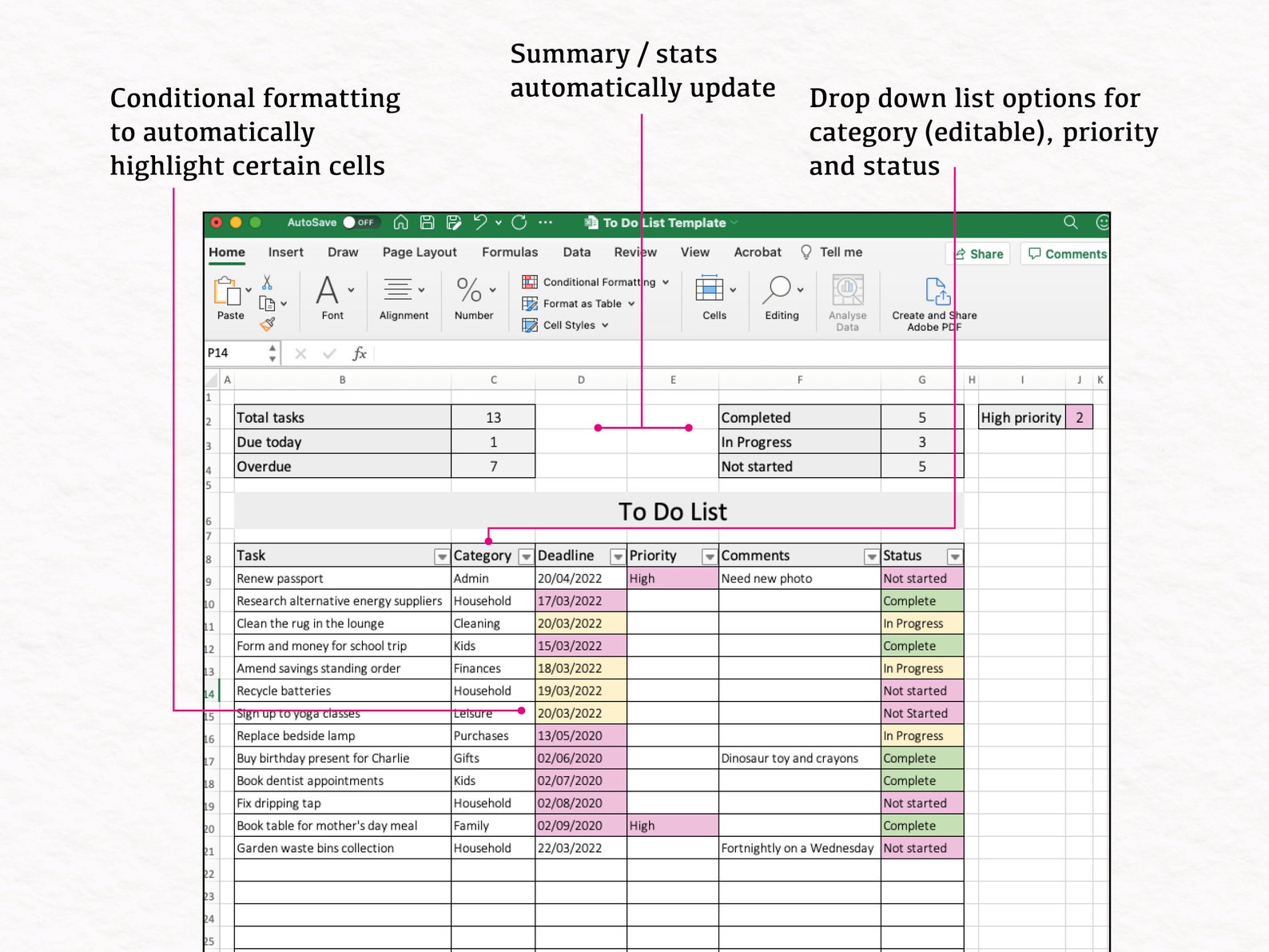 To Do List Excel Spreadsheet | Digital Download Excel Template ...