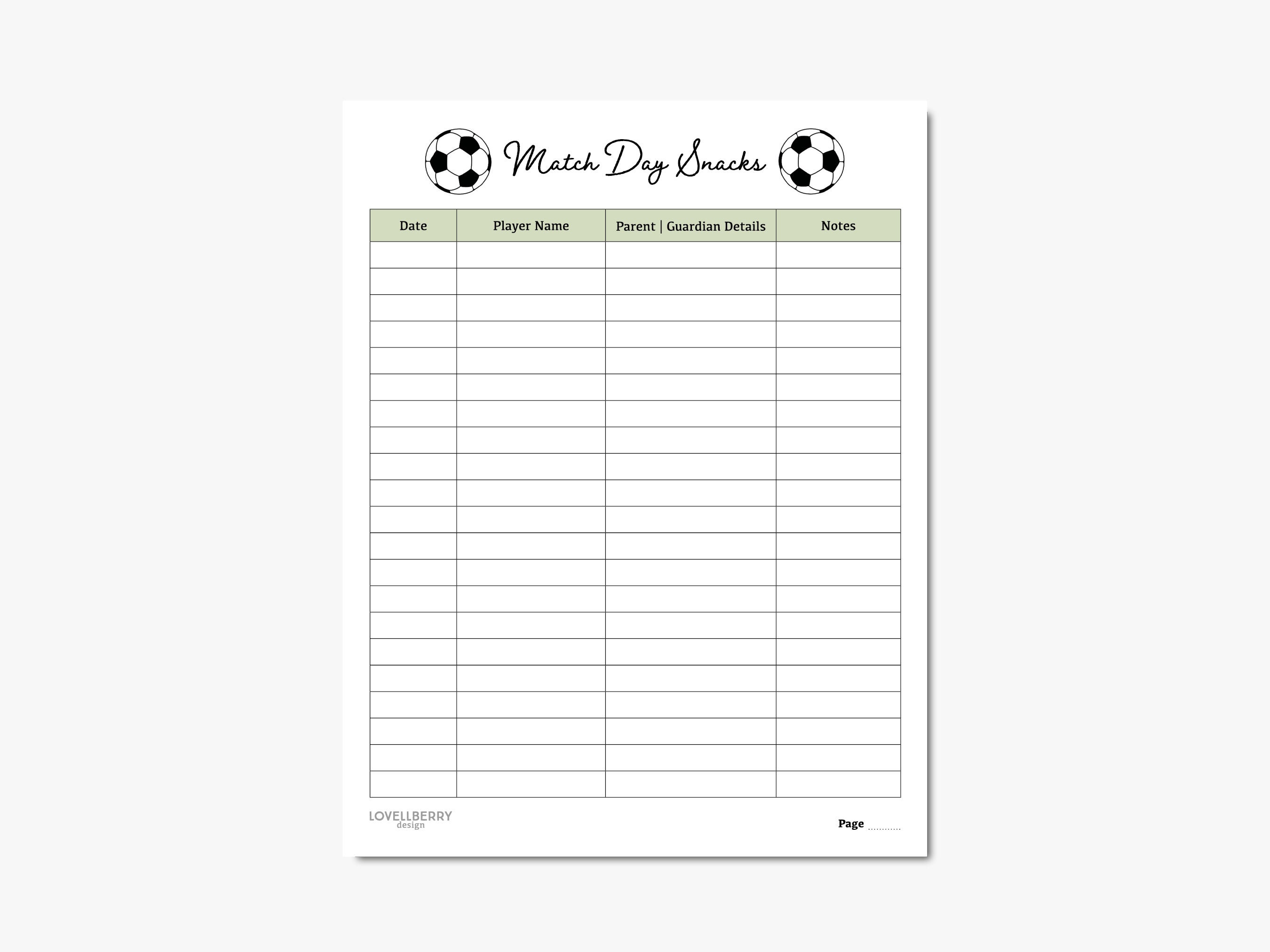 Soccer Snack Sign up Sheet Soccer Printable Snack Sign up Form Football ...