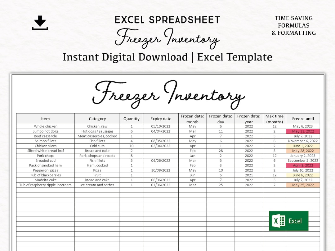 Freezer Inventory Excel Spreadsheet | Digital Download Excel Template ...
