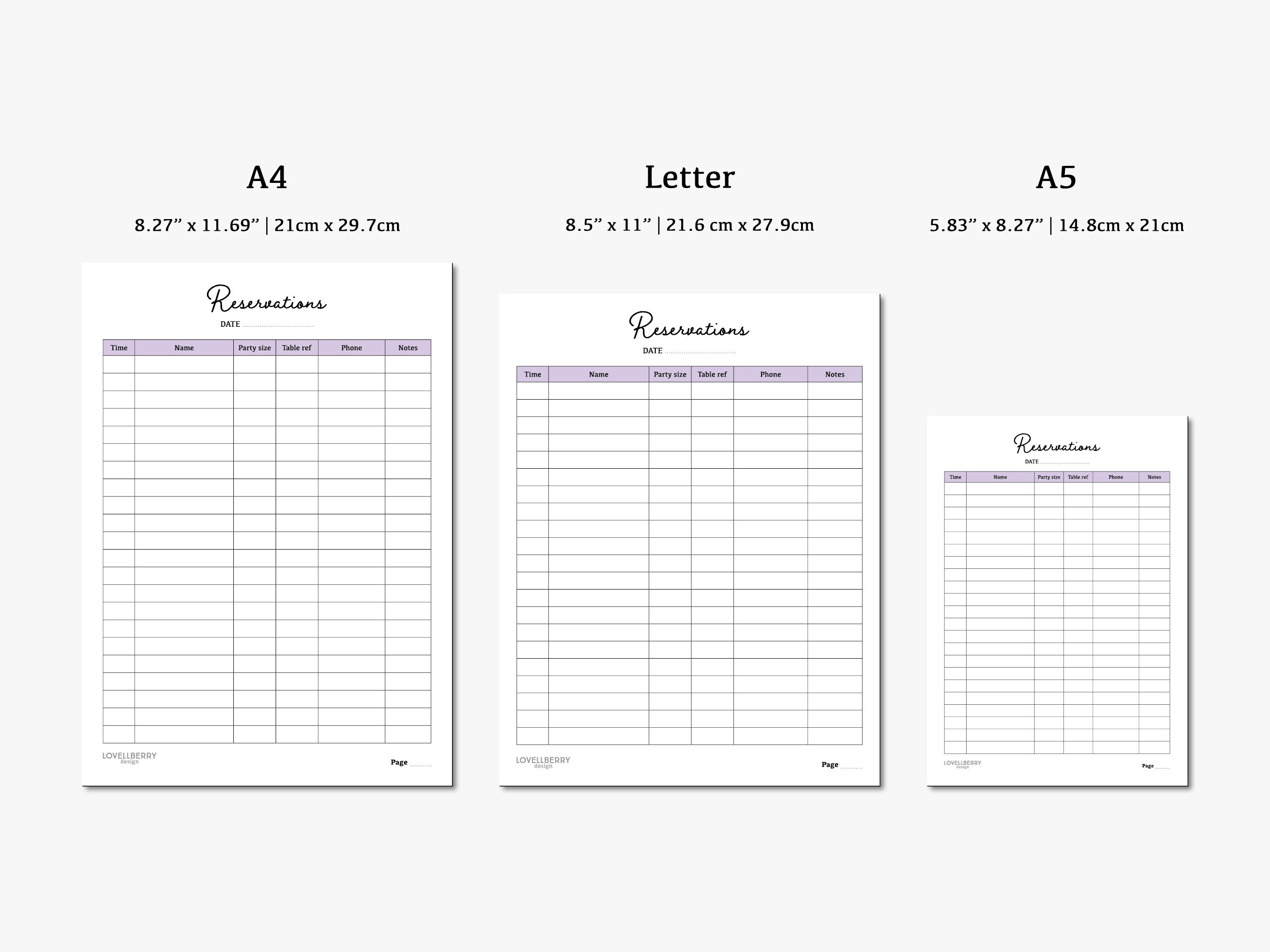 Reservations List | Digital Download PDF Printable | A4, A5, Letter ...