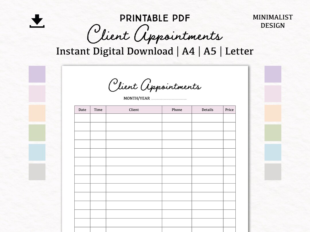 Client Appointments | Digital Download PDF Printable | A4, A5, Letter ...