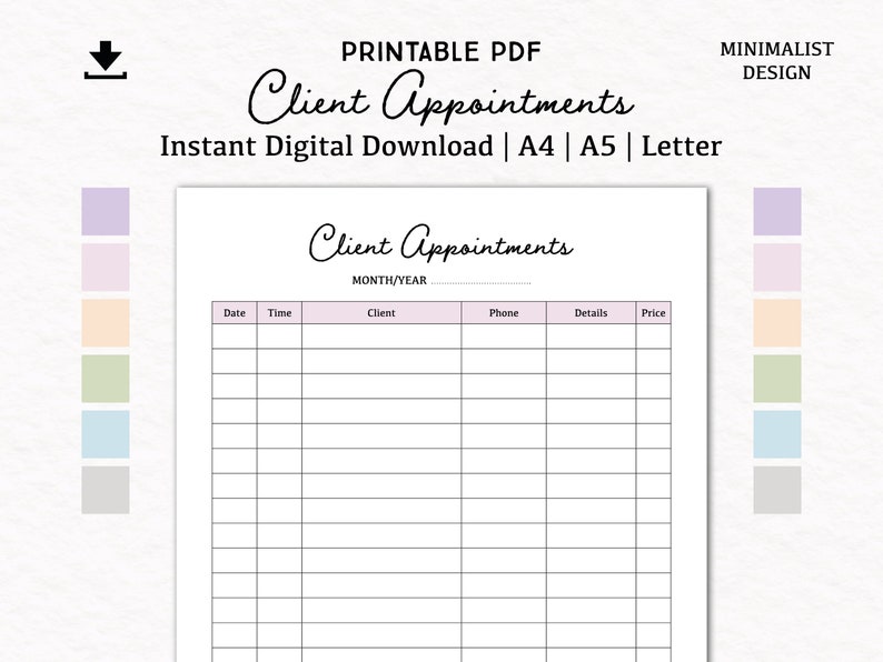 Client Appointments | Digital Download PDF Printable | A4, A5, Letter ...