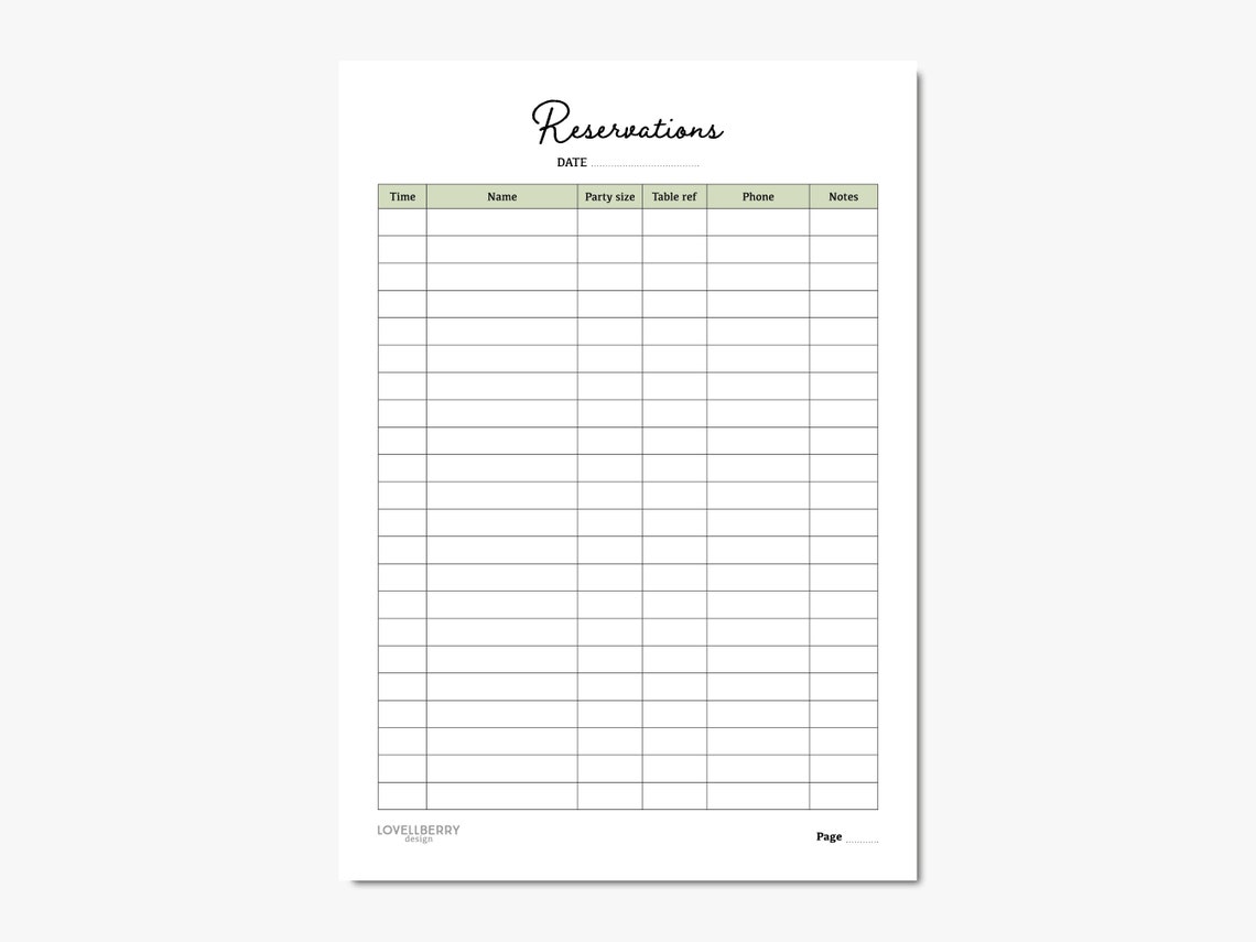 Reservations List | Digital Download PDF Printable | A4, A5, Letter ...