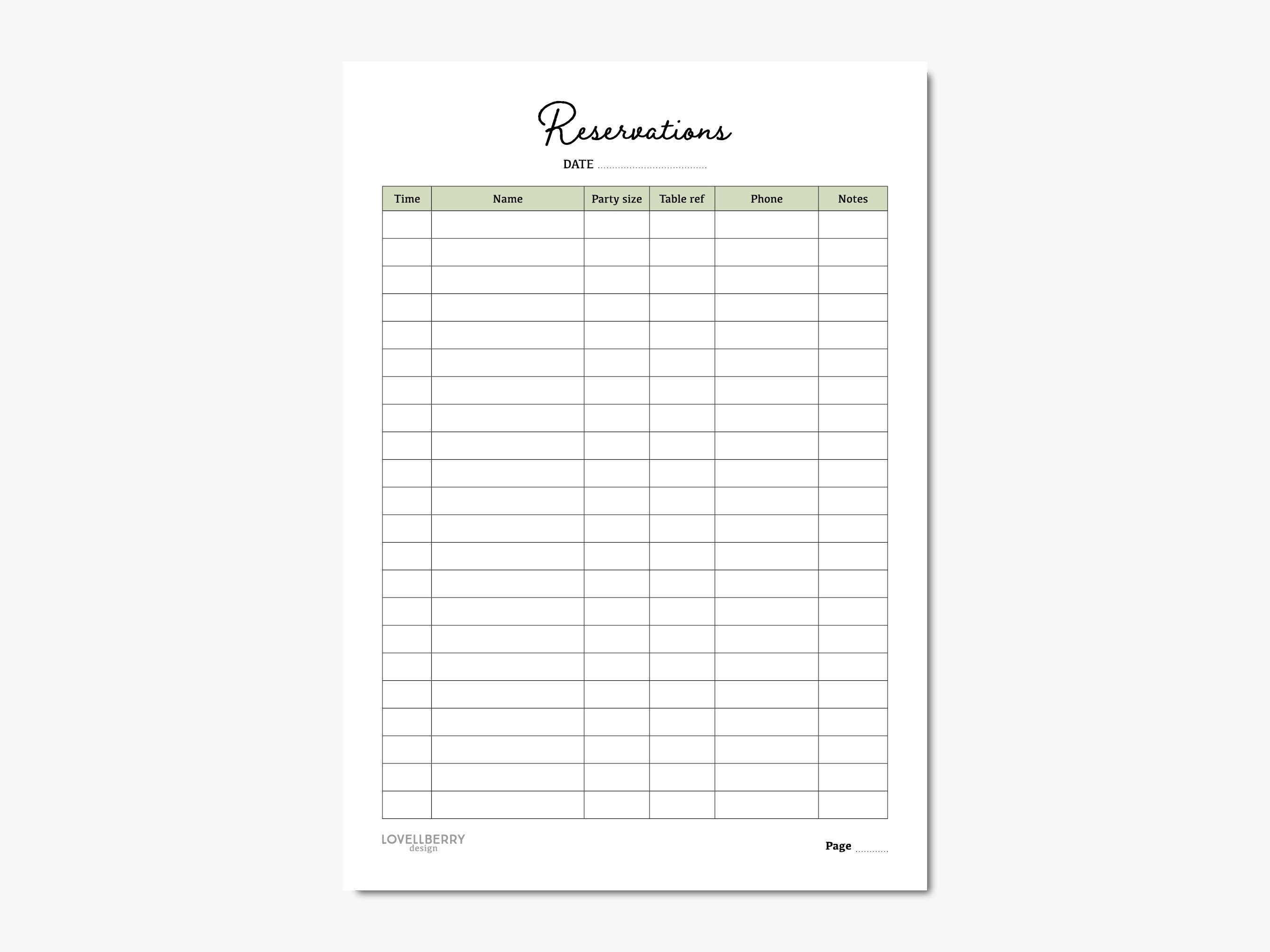 Reservations List | Digital Download PDF Printable | A4, A5, Letter ...